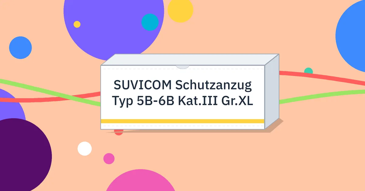 Symbolbild: Packung mit der Aufschrift SUVICOM Schutzanzug Typ 5B-6B Kat.III Gr.XL (PZN 17539737) – Verfügbarkeit und Bezug in Apotheken in Frankfurt am Main