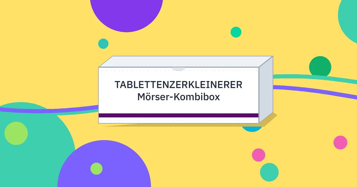 Symbolbild: Packung mit der Aufschrift TABLETTENZERKLEINERER Mörser-Kombibox (PZN 00156825) – Verfügbarkeit und Bezug in Apotheken in Frankfurt am Main
