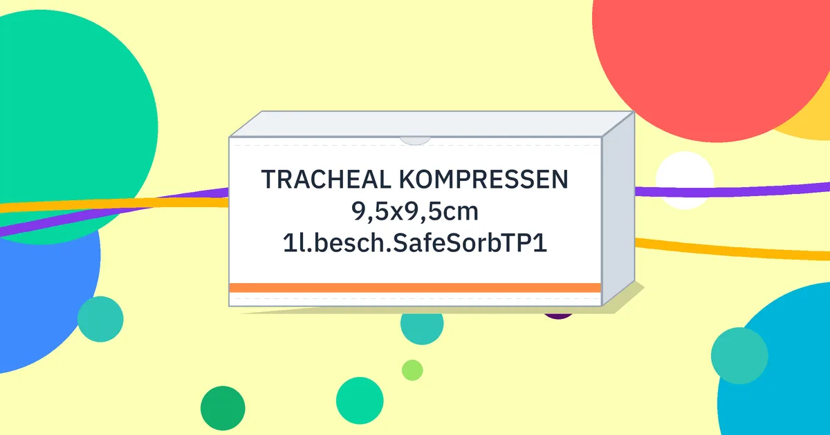 Symbolbild: Packung mit der Aufschrift TRACHEAL KOMPRESSEN 9,5x9,5cm 1l.besch.SafeSorbTP1 (PZN 20102731) – Verfügbarkeit und Bezug in Apotheken in Frankfurt am Main