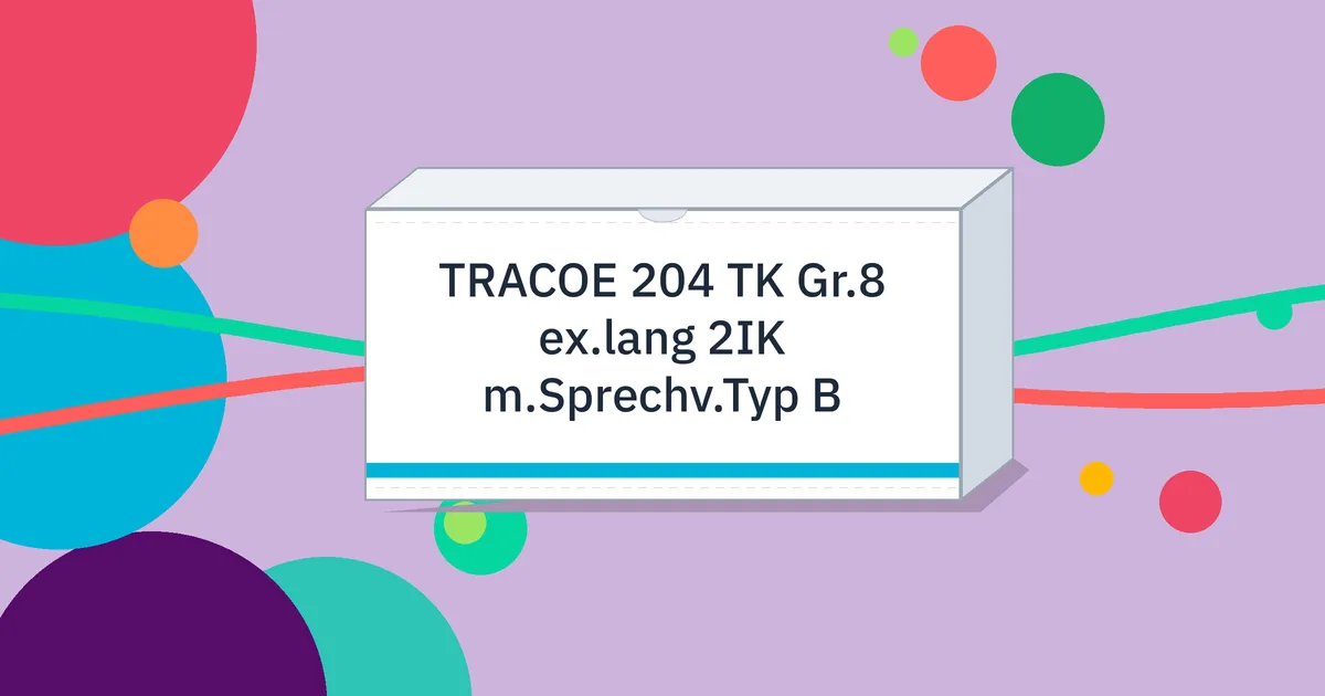 Symbolbild: Packung mit der Aufschrift TRACOE 204 TK Gr.8 ex.lang 2IK m.Sprechv.Typ B (PZN 02719072) – Verfügbarkeit und Bezug in Apotheken in Frankfurt am Main