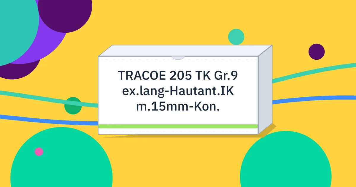 Symbolbild: Packung mit der Aufschrift TRACOE 205 TK Gr.9 ex.lang-Hautant.IK m.15mm-Kon. (PZN 02719942) – Verfügbarkeit und Bezug in Apotheken in Frankfurt am Main
