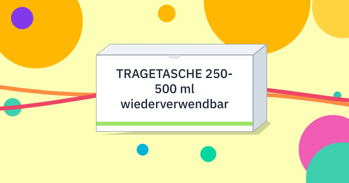 Symbolbild: Packung mit der Aufschrift TRAGETASCHE 250-500 ml wiederverwendbar (PZN 09217876) – Verfügbarkeit und Bezug in Apotheken in Frankfurt am Main