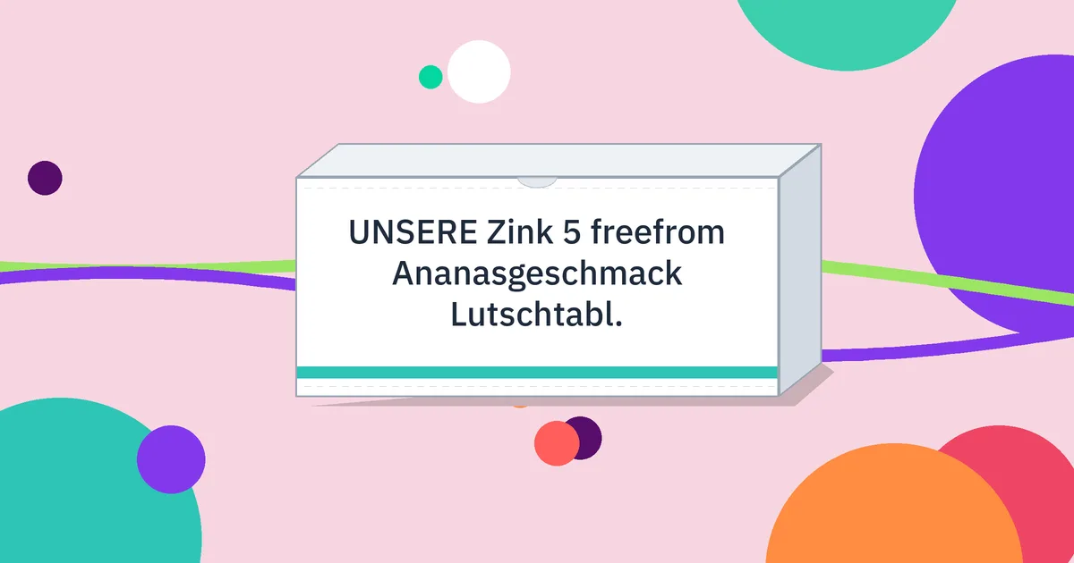 Symbolbild: Packung mit der Aufschrift UNSERE Zink 5 freefrom Ananasgeschmack Lutschtabl. (PZN 12900045) – Verfügbarkeit und Bezug in Apotheken in Frankfurt am Main