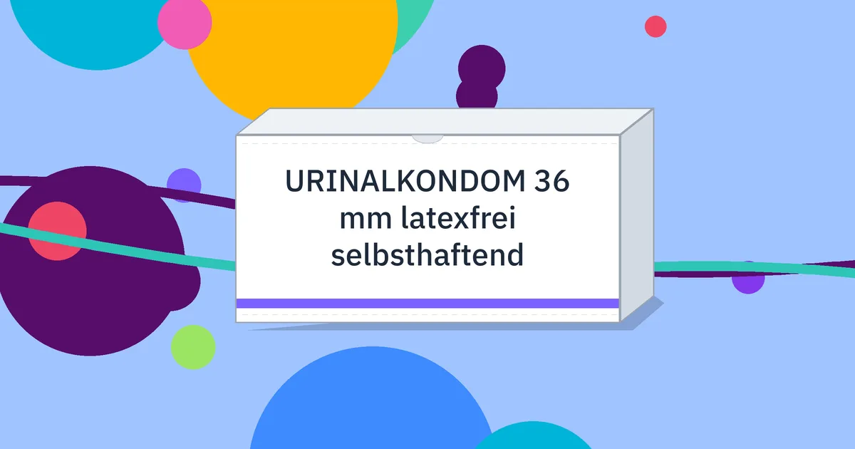 Symbolbild: Packung mit der Aufschrift URINALKONDOM 36 mm latexfrei selbsthaftend (PZN 03947094) – Verfügbarkeit und Bezug in Apotheken in Frankfurt am Main