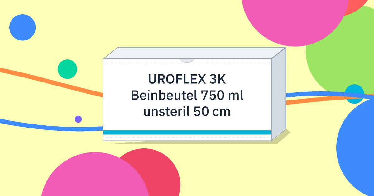 Symbolbild: Packung mit der Aufschrift UROFLEX 3K Beinbeutel 750 ml unsteril 50 cm (PZN 14168625) – Verfügbarkeit und Bezug in Apotheken in Frankfurt am Main