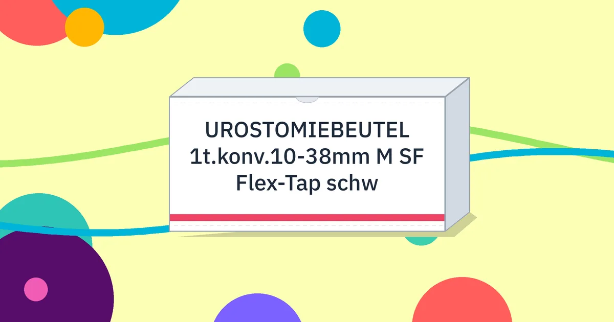 Symbolbild: Packung mit der Aufschrift UROSTOMIEBEUTEL 1t.konv.10-38mm M SF Flex-Tap schw (PZN 18424166) – Verfügbarkeit und Bezug in Apotheken in Frankfurt am Main
