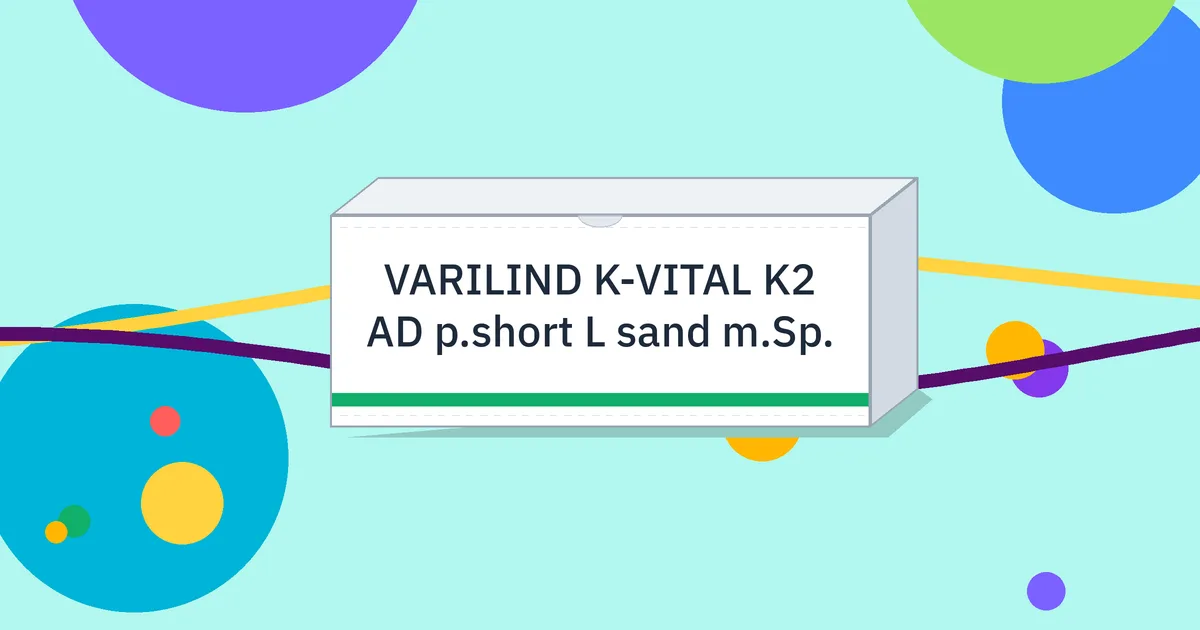 Symbolbild: Packung mit der Aufschrift VARILIND K-VITAL K2 AD p.short L sand m.Sp. (PZN 20567476) – Verfügbarkeit und Bezug in Apotheken in Frankfurt am Main