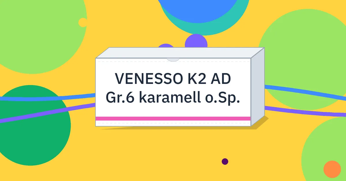 Symbolbild: Packung mit der Aufschrift VENESSO K2 AD Gr.6 karamell o.Sp. (PZN 13758187) – Verfügbarkeit und Bezug in Apotheken in Frankfurt am Main
