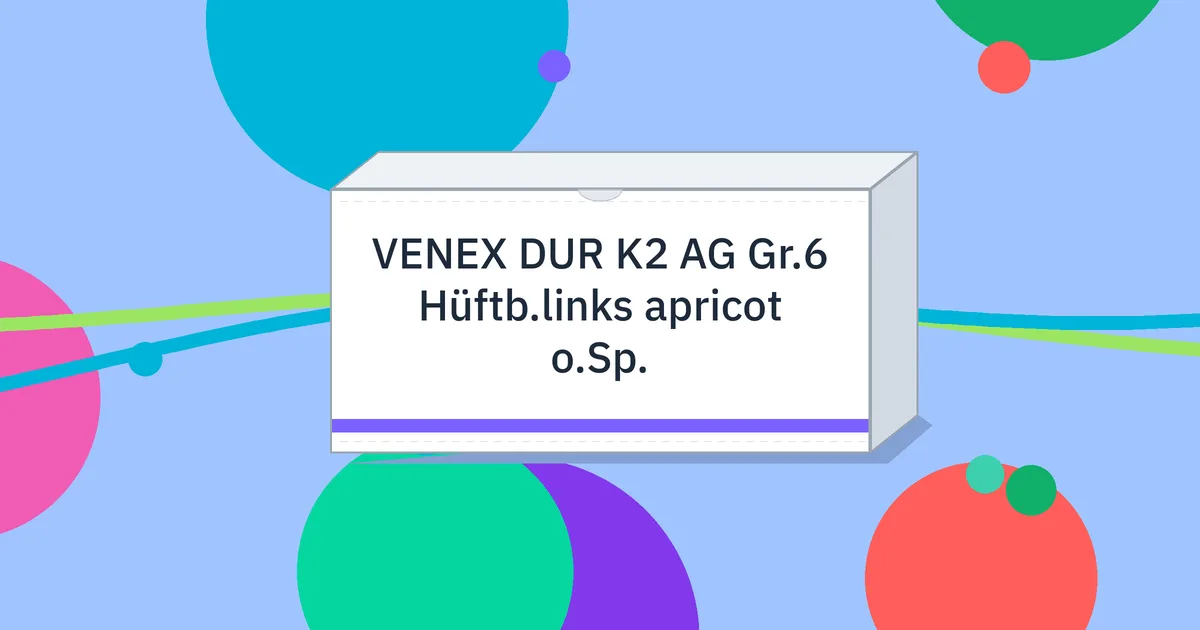 Symbolbild: Packung mit der Aufschrift VENEX DUR K2 AG Gr.6 Hüftb.links apricot o.Sp. (PZN 03231208) – Verfügbarkeit und Bezug in Apotheken in Frankfurt am Main