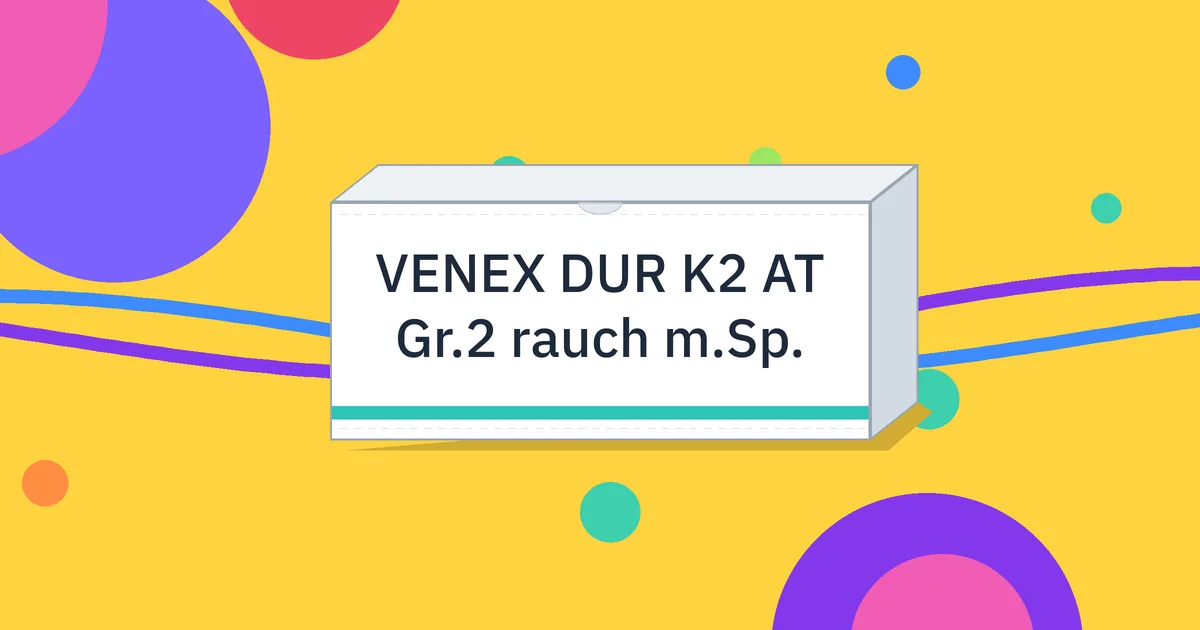 Symbolbild: Packung mit der Aufschrift VENEX DUR K2 AT Gr.2 rauch m.Sp. (PZN 03221658) – Verfügbarkeit und Bezug in Apotheken in Frankfurt am Main