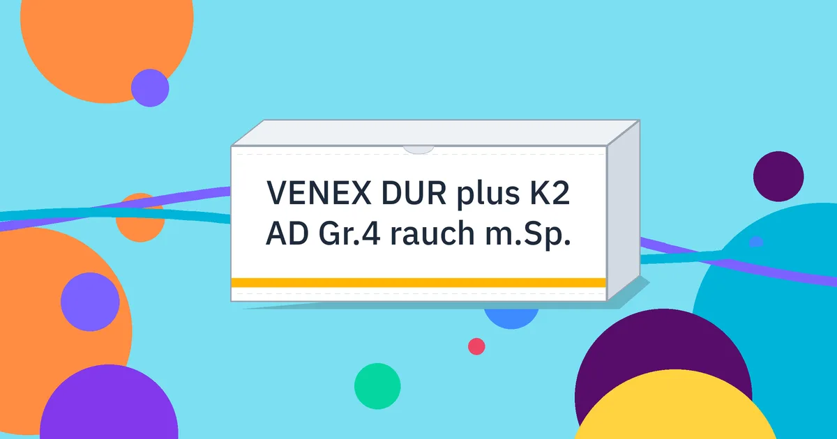 Symbolbild: Packung mit der Aufschrift VENEX DUR plus K2 AD Gr.4 rauch m.Sp. (PZN 03233147) – Verfügbarkeit und Bezug in Apotheken in Frankfurt am Main
