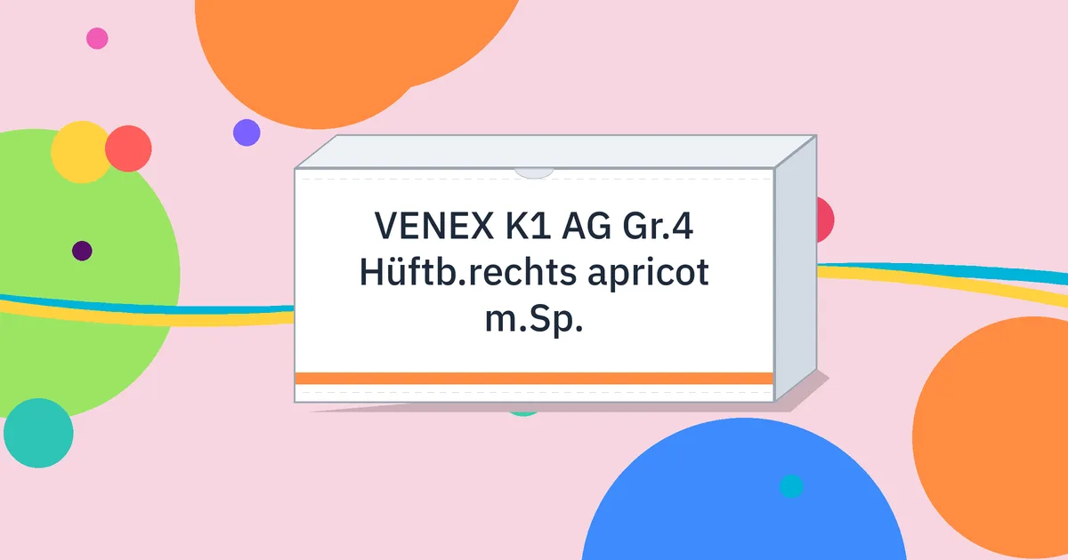 Symbolbild: Packung mit der Aufschrift VENEX K1 AG Gr.4 Hüftb.rechts apricot m.Sp. (PZN 03202678) – Verfügbarkeit und Bezug in Apotheken in Frankfurt am Main