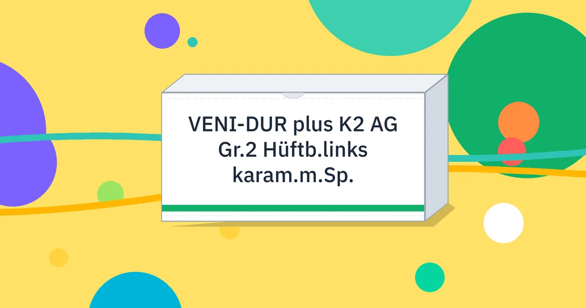 Symbolbild: Packung mit der Aufschrift VENI-DUR plus K2 AG Gr.2 Hüftb.links karam.m.Sp. (PZN 13760735) – Verfügbarkeit und Bezug in Apotheken in Frankfurt am Main