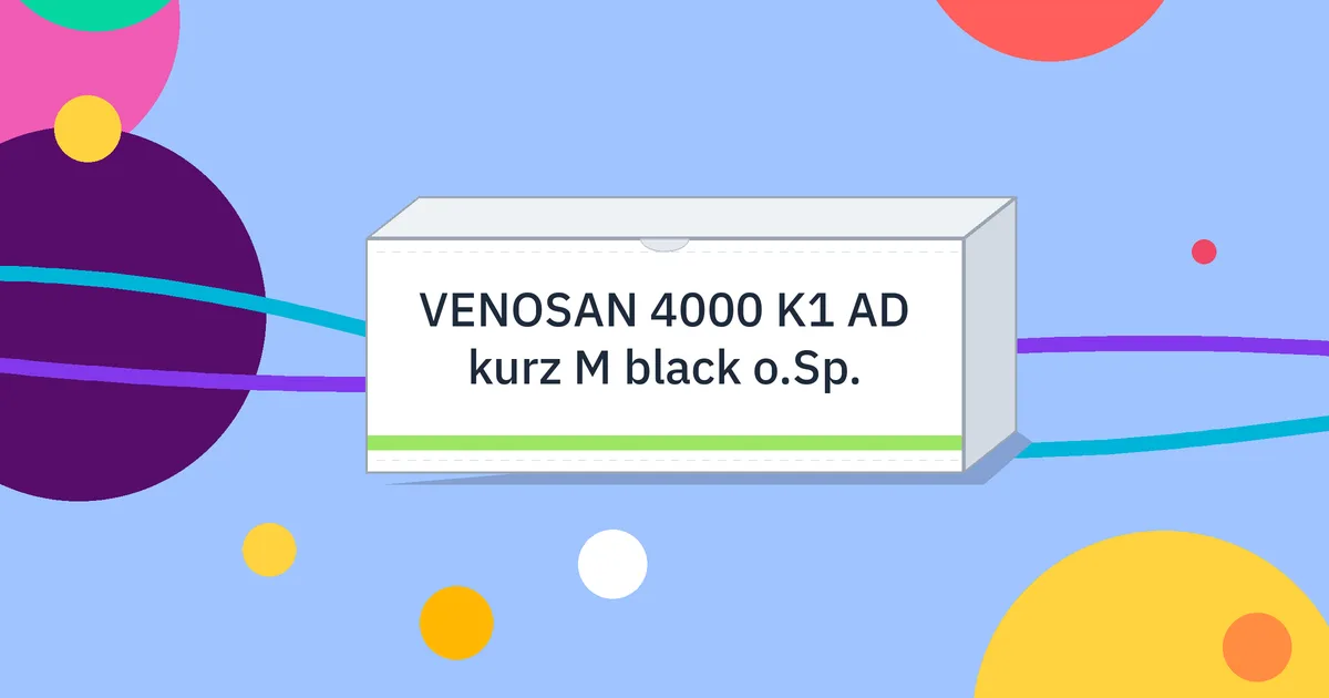 Symbolbild: Packung mit der Aufschrift VENOSAN 4000 K1 AD kurz M black o.Sp. (PZN 14426398) – Verfügbarkeit und Bezug in Apotheken in Frankfurt am Main