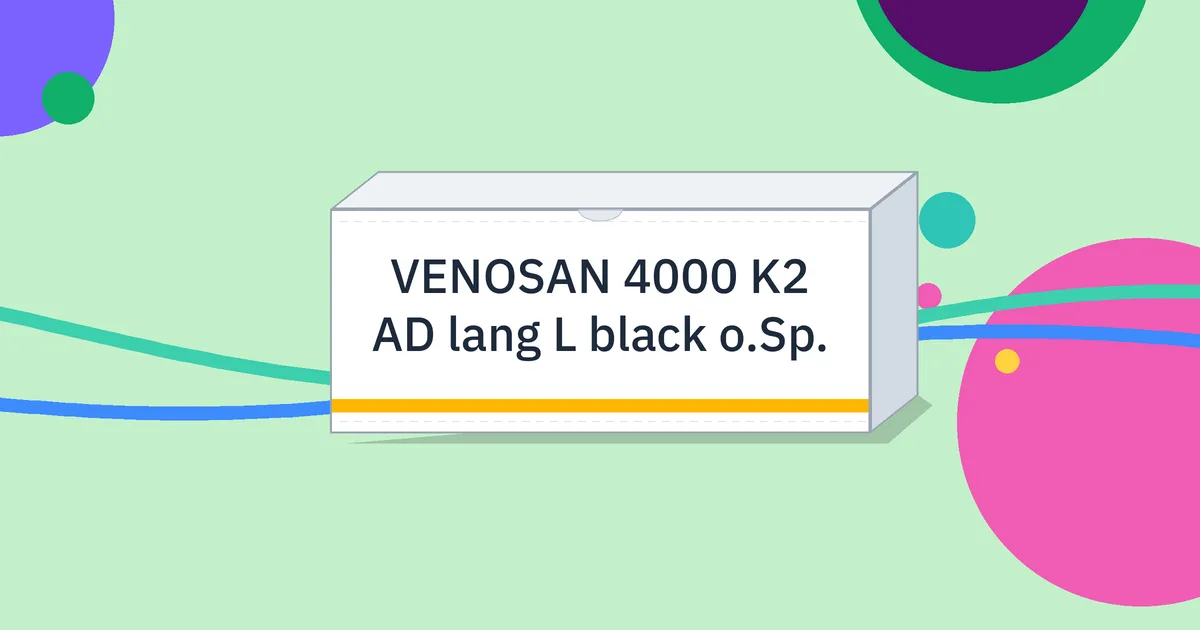 Symbolbild: Packung mit der Aufschrift VENOSAN 4000 K2 AD lang L black o.Sp. (PZN 14427133) – Verfügbarkeit und Bezug in Apotheken in Frankfurt am Main