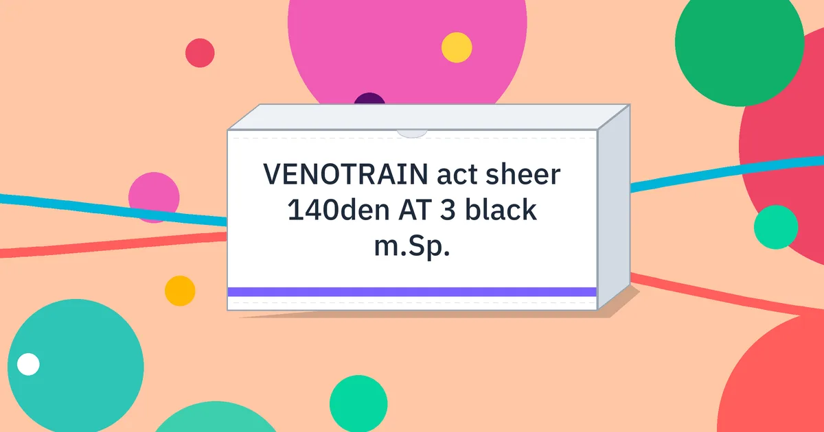 Symbolbild: Packung mit der Aufschrift VENOTRAIN act sheer 140den AT 3 black m.Sp. (PZN 16207298) – Verfügbarkeit und Bezug in Apotheken in Frankfurt am Main