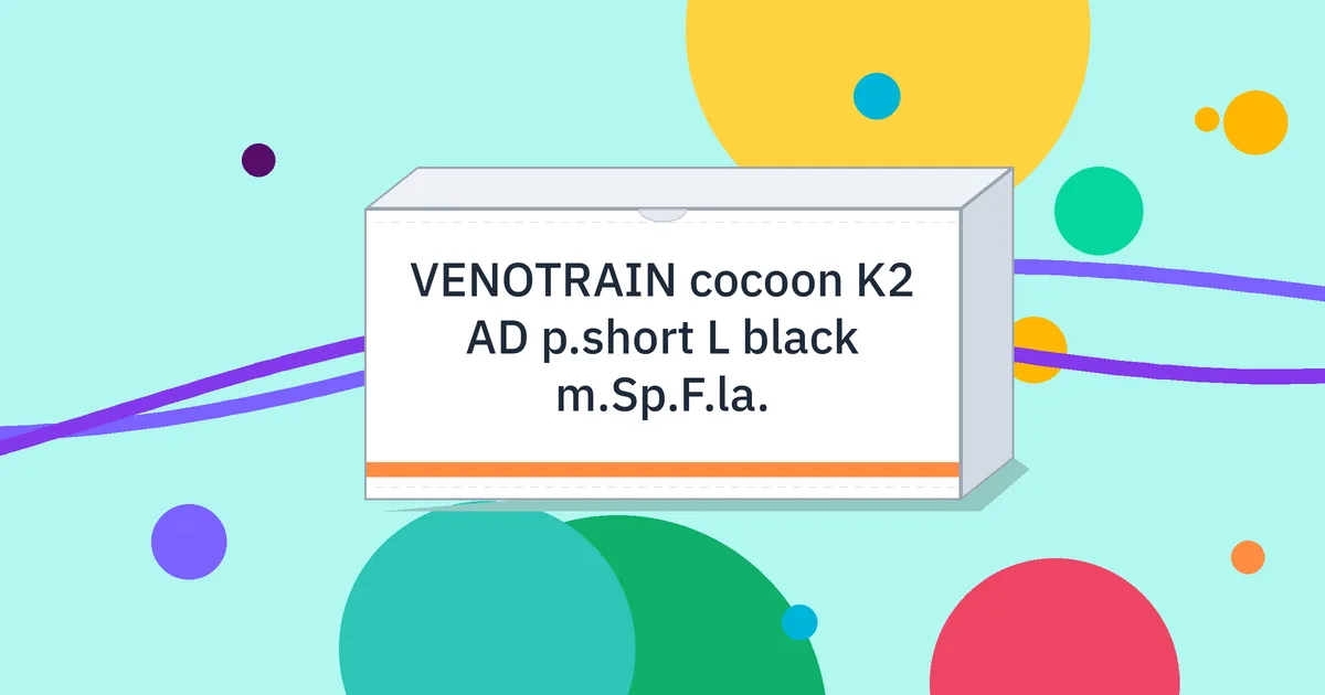 Symbolbild: Packung mit der Aufschrift VENOTRAIN cocoon K2 AD p.short L black m.Sp.F.la. (PZN 14401984) – Verfügbarkeit und Bezug in Apotheken in Frankfurt am Main