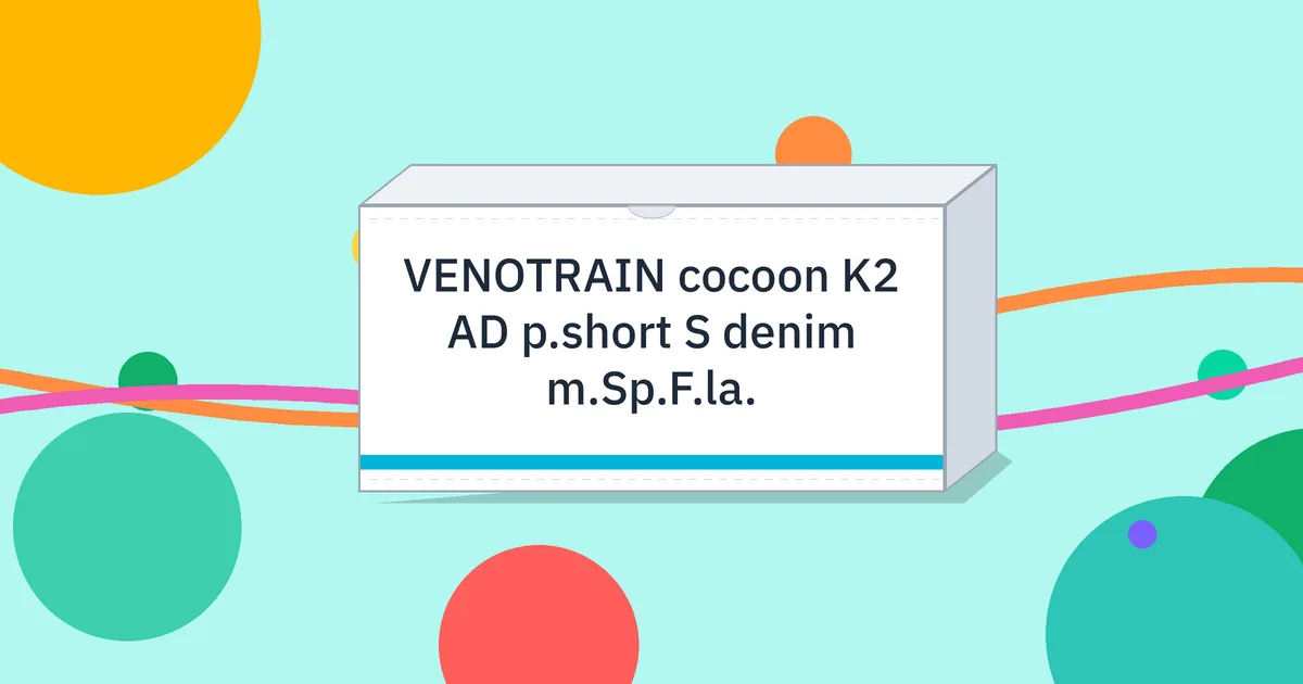 Symbolbild: Packung mit der Aufschrift VENOTRAIN cocoon K2 AD p.short S denim m.Sp.F.la. (PZN 19199197) – Verfügbarkeit und Bezug in Apotheken in Frankfurt am Main