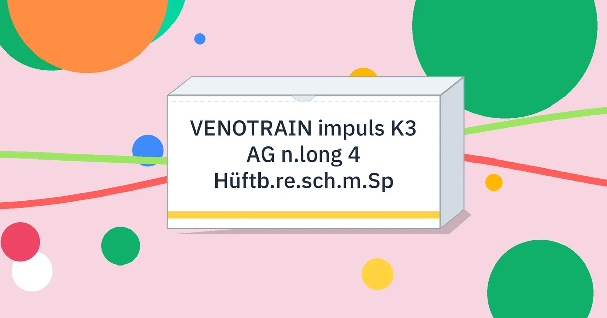 Symbolbild: Packung mit der Aufschrift VENOTRAIN impuls K3 AG n.long 4 Hüftb.re.sch.m.Sp (PZN 10293894) – Verfügbarkeit und Bezug in Apotheken in Frankfurt am Main