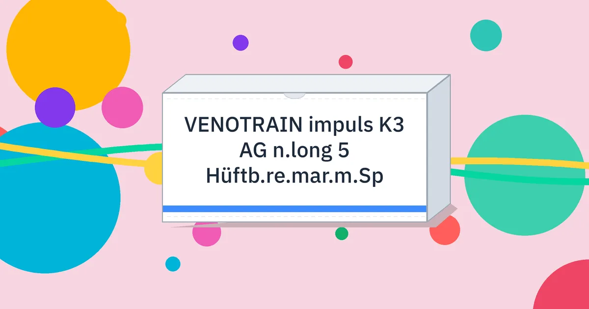 Symbolbild: Packung mit der Aufschrift VENOTRAIN impuls K3 AG n.long 5 Hüftb.re.mar.m.Sp (PZN 15217633) – Verfügbarkeit und Bezug in Apotheken in Frankfurt am Main