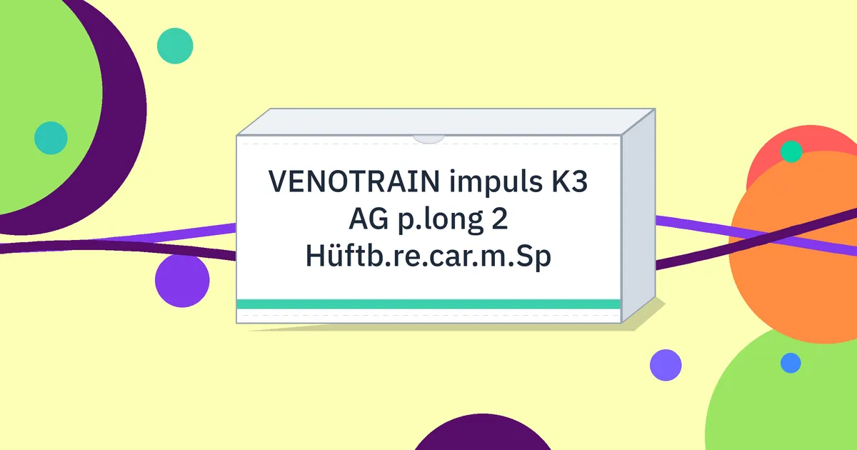 Symbolbild: Packung mit der Aufschrift VENOTRAIN impuls K3 AG p.long 2 Hüftb.re.car.m.Sp (PZN 10293701) – Verfügbarkeit und Bezug in Apotheken in Frankfurt am Main