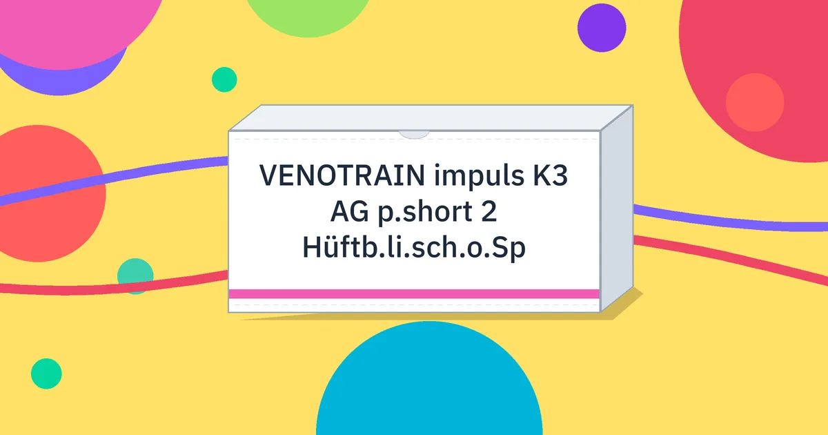 Symbolbild: Packung mit der Aufschrift VENOTRAIN impuls K3 AG p.short 2 Hüftb.li.sch.o.Sp (PZN 10295999) – Verfügbarkeit und Bezug in Apotheken in Frankfurt am Main