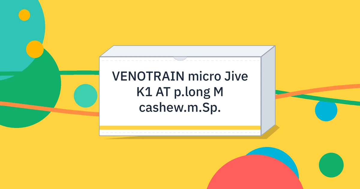 Symbolbild: Packung mit der Aufschrift VENOTRAIN micro Jive K1 AT p.long M cashew.m.Sp. (PZN 20766046) – Verfügbarkeit und Bezug in Apotheken in Frankfurt am Main