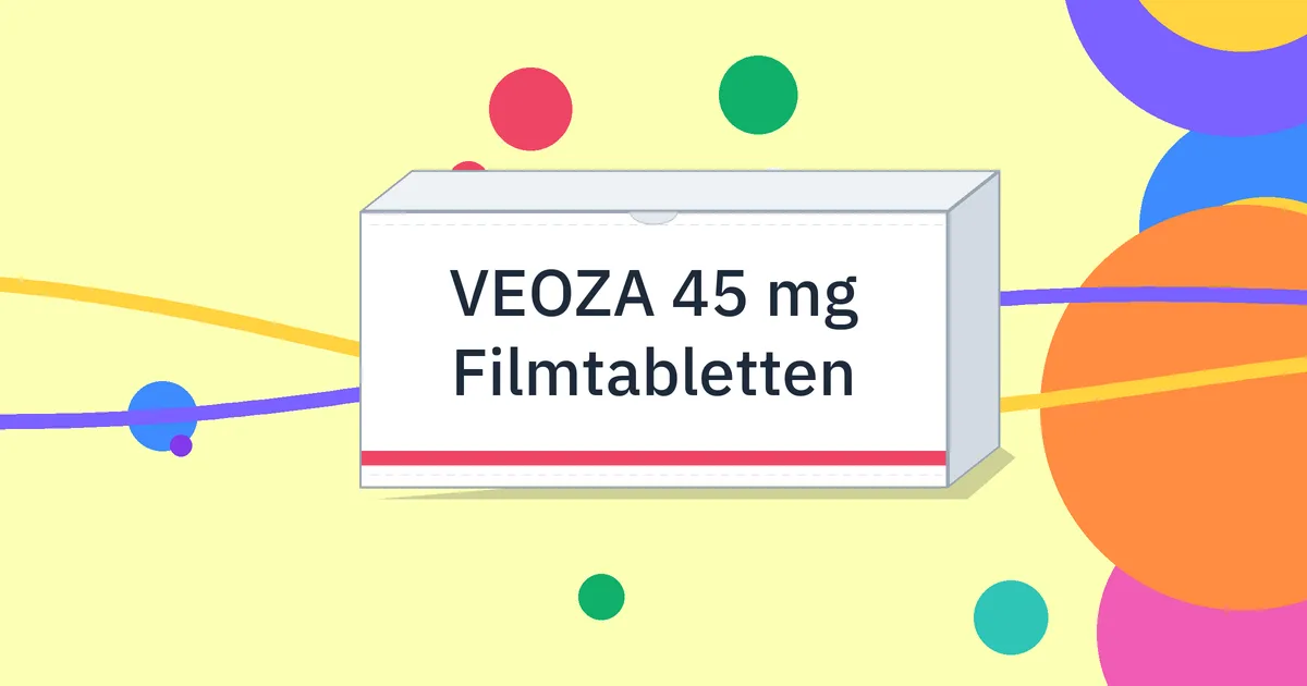 Symbolbild: Packung mit der Aufschrift VEOZA 45 mg Filmtabletten (PZN 18821832) – Verfügbarkeit und Bezug in Apotheken in Frankfurt am Main