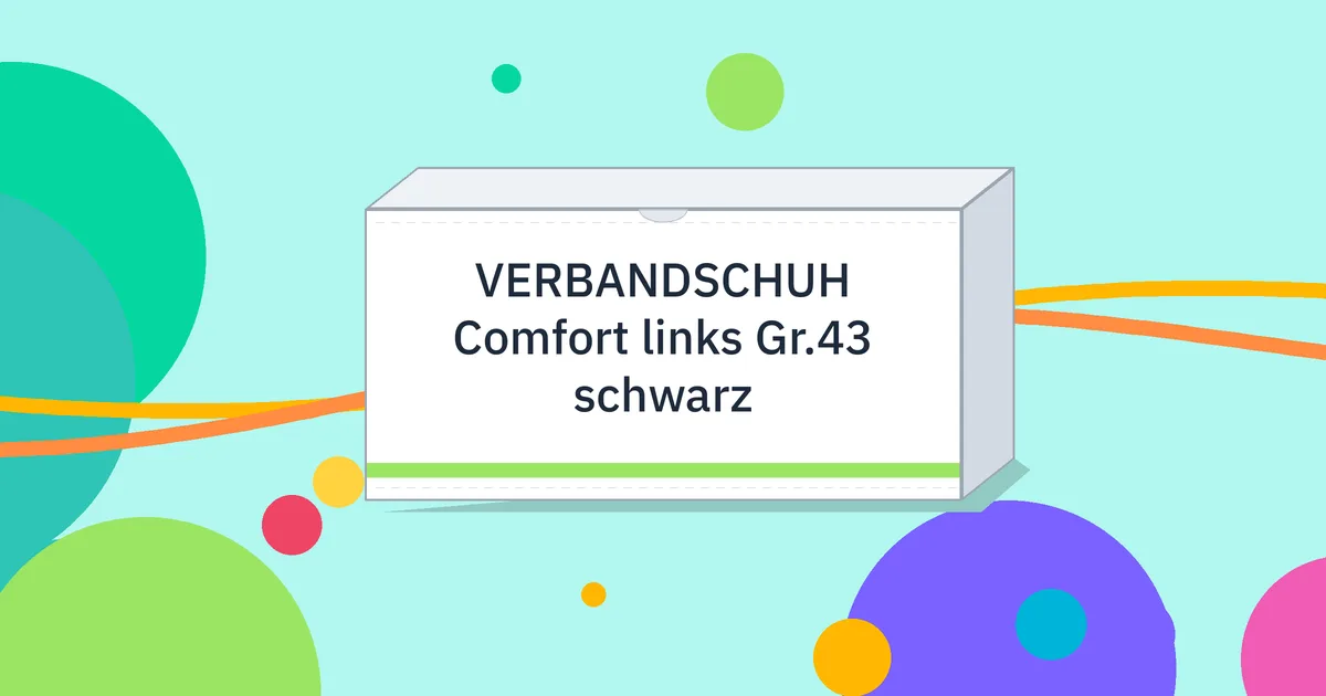 Symbolbild: Packung mit der Aufschrift VERBANDSCHUH Comfort links Gr.43 schwarz (PZN 11015022) – Verfügbarkeit und Bezug in Apotheken in Frankfurt am Main