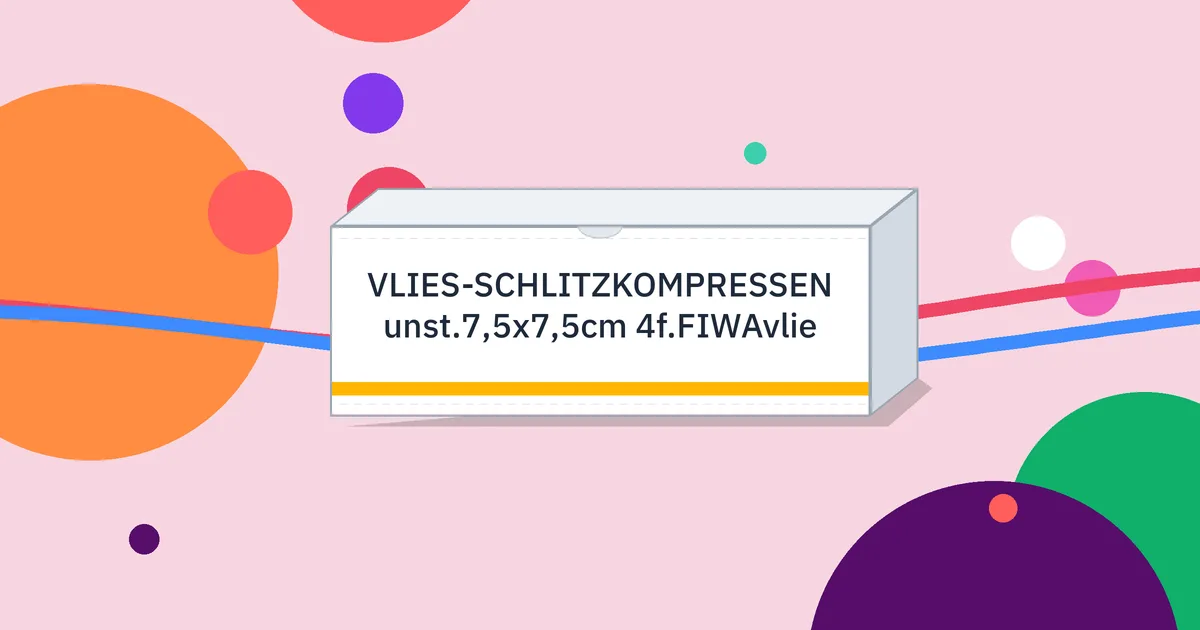 Symbolbild: Packung mit der Aufschrift VLIES-SCHLITZKOMPRESSEN unst.7,5x7,5cm 4f.FIWAvlie (PZN 11859731) – Verfügbarkeit und Bezug in Apotheken in Frankfurt am Main