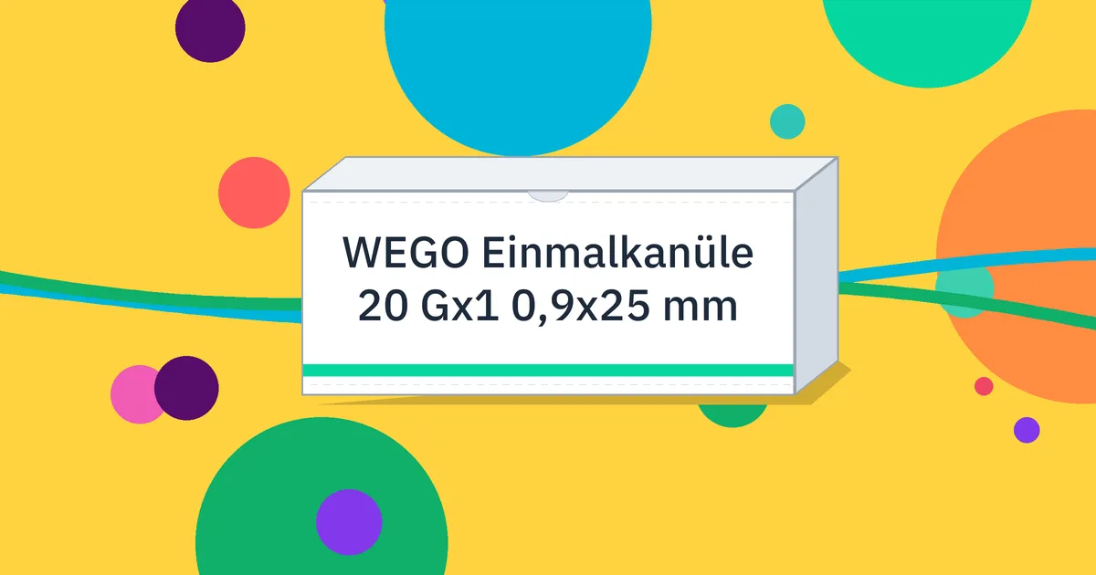 Symbolbild: Packung mit der Aufschrift WEGO Einmalkanüle 20 Gx1 0,9x25 mm (PZN 18859556) – Verfügbarkeit und Bezug in Apotheken in Frankfurt am Main