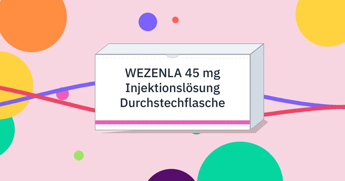 Symbolbild: Packung mit der Aufschrift WEZENLA 45 mg Injektionslösung Durchstechflasche (PZN 19477495) – Verfügbarkeit und Bezug in Apotheken in Frankfurt am Main