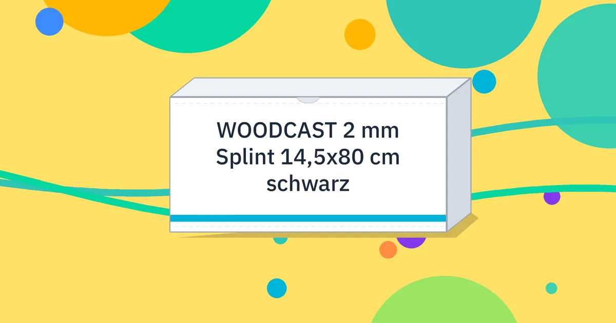 Symbolbild: Packung mit der Aufschrift WOODCAST 2 mm Splint 14,5x80 cm schwarz (PZN 11598696) – Verfügbarkeit und Bezug in Apotheken in Frankfurt am Main