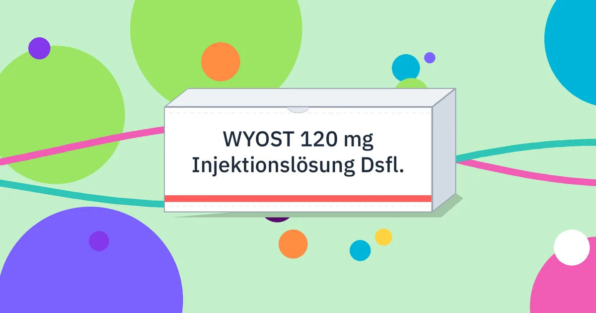 Symbolbild: Packung mit der Aufschrift WYOST 120 mg Injektionslösung Dsfl. (PZN 20403303) – Verfügbarkeit und Bezug in Apotheken in Frankfurt am Main