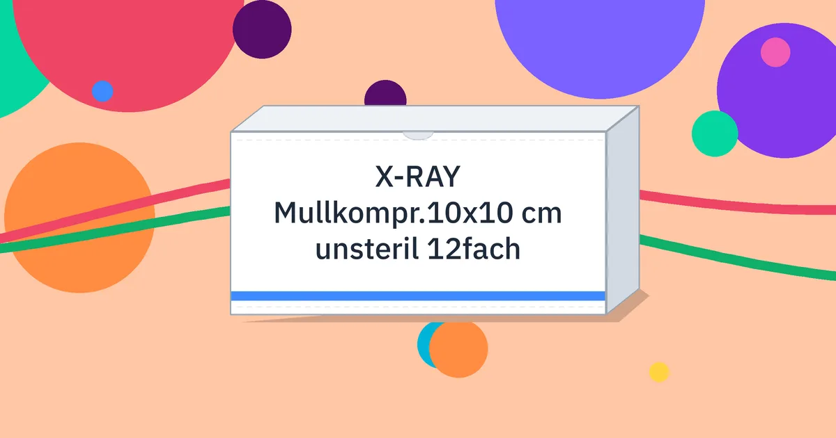 Symbolbild: Packung mit der Aufschrift X-RAY Mullkompr.10x10 cm unsteril 12fach (PZN 07099562) – Verfügbarkeit und Bezug in Apotheken in Frankfurt am Main