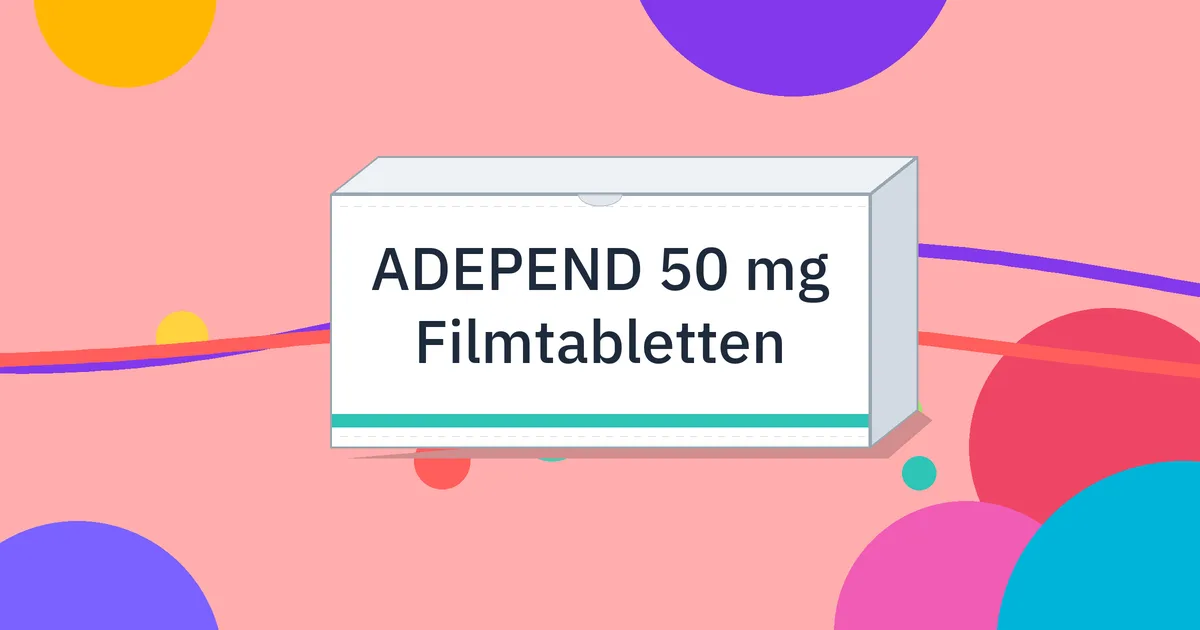 Symbolbild: Packung mit der Aufschrift ADEPEND 50 mg Filmtabletten (PZN 13816743) – Verfügbarkeit und Bezug in Apotheken in Frankfurt am Main