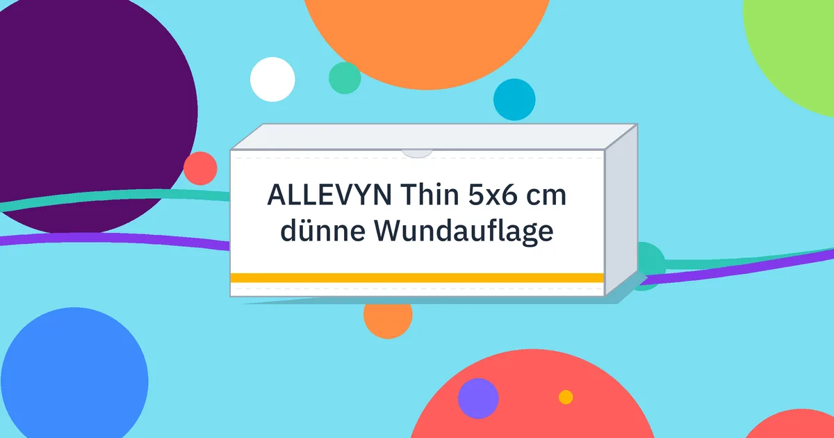 Symbolbild: Packung mit der Aufschrift ALLEVYN Thin 5x6 cm dünne Wundauflage (PZN 18034382) – Verfügbarkeit und Bezug in Apotheken in Frankfurt am Main