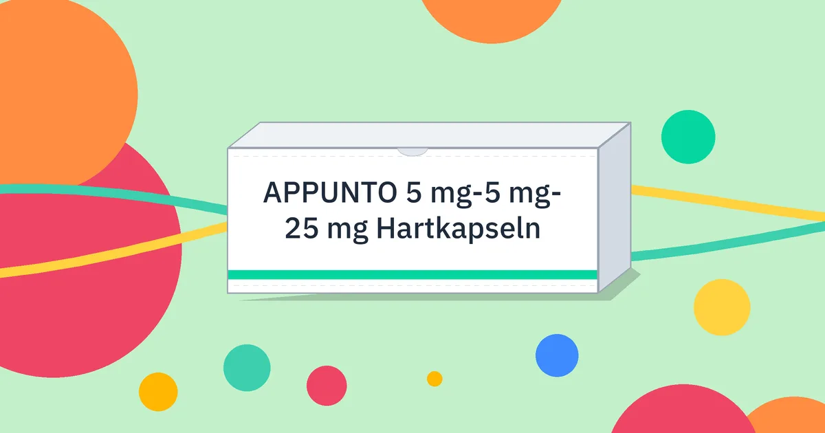 Symbolbild: Packung mit der Aufschrift APPUNTO 5 mg-5 mg-25 mg Hartkapseln (PZN 14365395) – Verfügbarkeit und Bezug in Apotheken in Frankfurt am Main