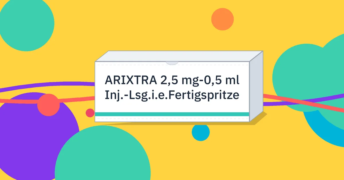Symbolbild: Packung mit der Aufschrift ARIXTRA 2,5 mg-0,5 ml Inj.-Lsg.i.e.Fertigspritze (PZN 07558076) – Verfügbarkeit und Bezug in Apotheken in Frankfurt am Main
