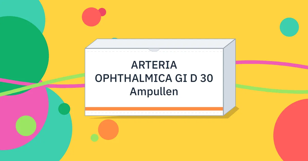Symbolbild: Packung mit der Aufschrift ARTERIA OPHTHALMICA GI D 30 Ampullen (PZN 01492956) – Verfügbarkeit und Bezug in Apotheken in Frankfurt am Main