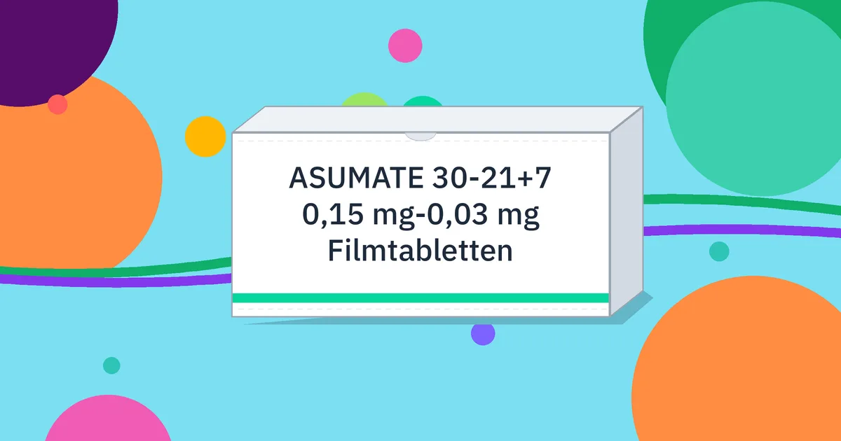 Symbolbild: Packung mit der Aufschrift ASUMATE 30-21+7 0,15 mg-0,03 mg Filmtabletten (PZN 12457130) – Verfügbarkeit und Bezug in Apotheken in Frankfurt am Main