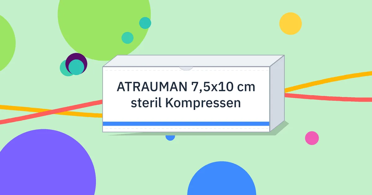 Symbolbild: Packung mit der Aufschrift ATRAUMAN 7,5x10 cm steril Kompressen (PZN 16515781) – Verfügbarkeit und Bezug in Apotheken in Frankfurt am Main