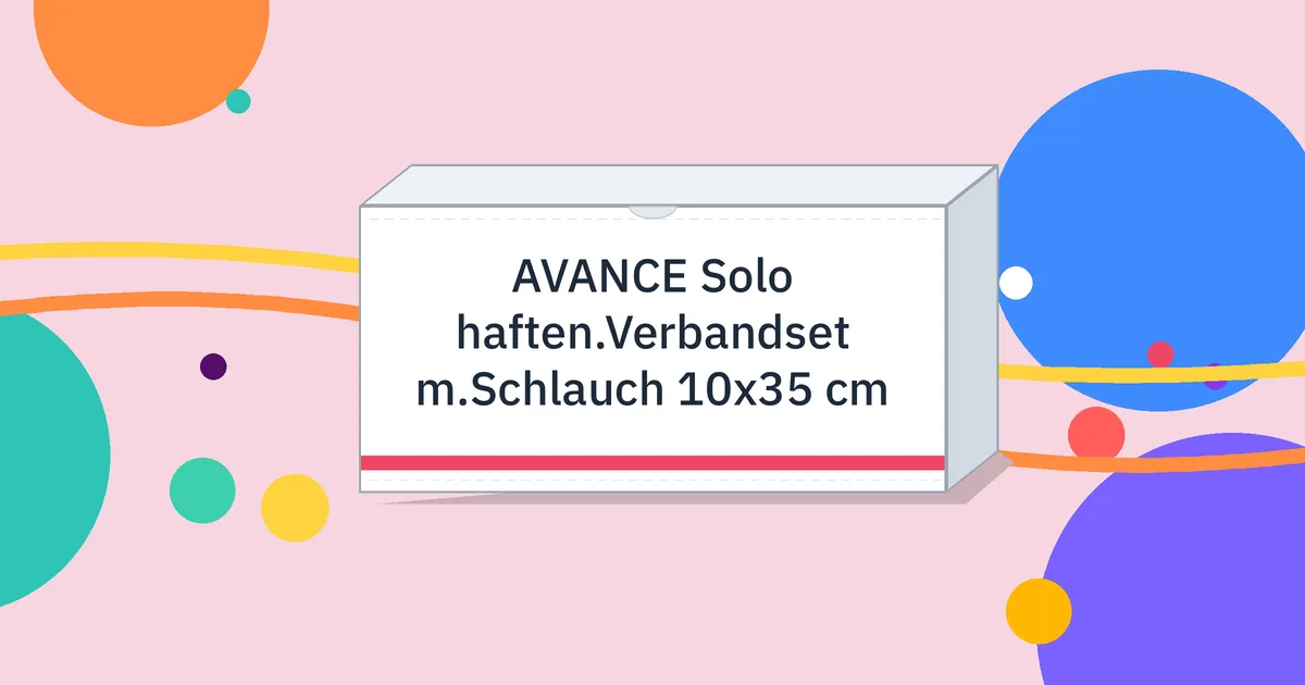 Symbolbild: Packung mit der Aufschrift AVANCE Solo haften.Verbandset m.Schlauch 10x35 cm (PZN 16821733) – Verfügbarkeit und Bezug in Apotheken in Frankfurt am Main