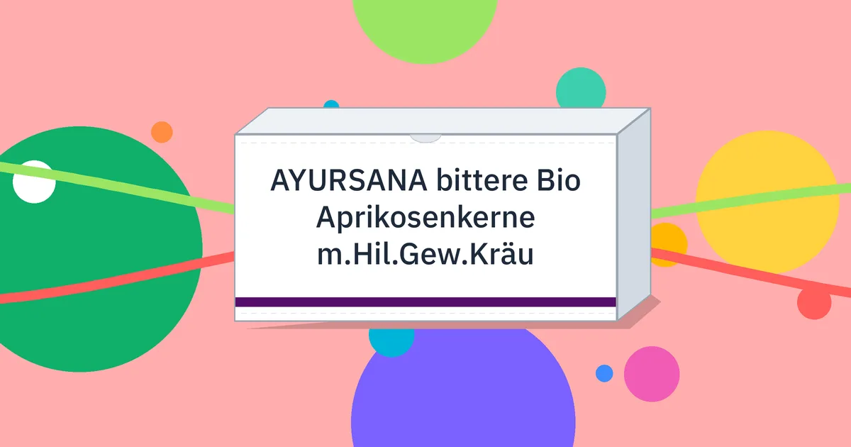Symbolbild: Packung mit der Aufschrift AYURSANA bittere Bio Aprikosenkerne m.Hil.Gew.Kräu (PZN 17926552) – Verfügbarkeit und Bezug in Apotheken in Frankfurt am Main