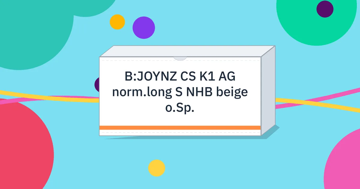 Symbolbild: Packung mit der Aufschrift B:JOYNZ CS K1 AG norm.long S NHB beige o.Sp. (PZN 20534399) – Verfügbarkeit und Bezug in Apotheken in Frankfurt am Main