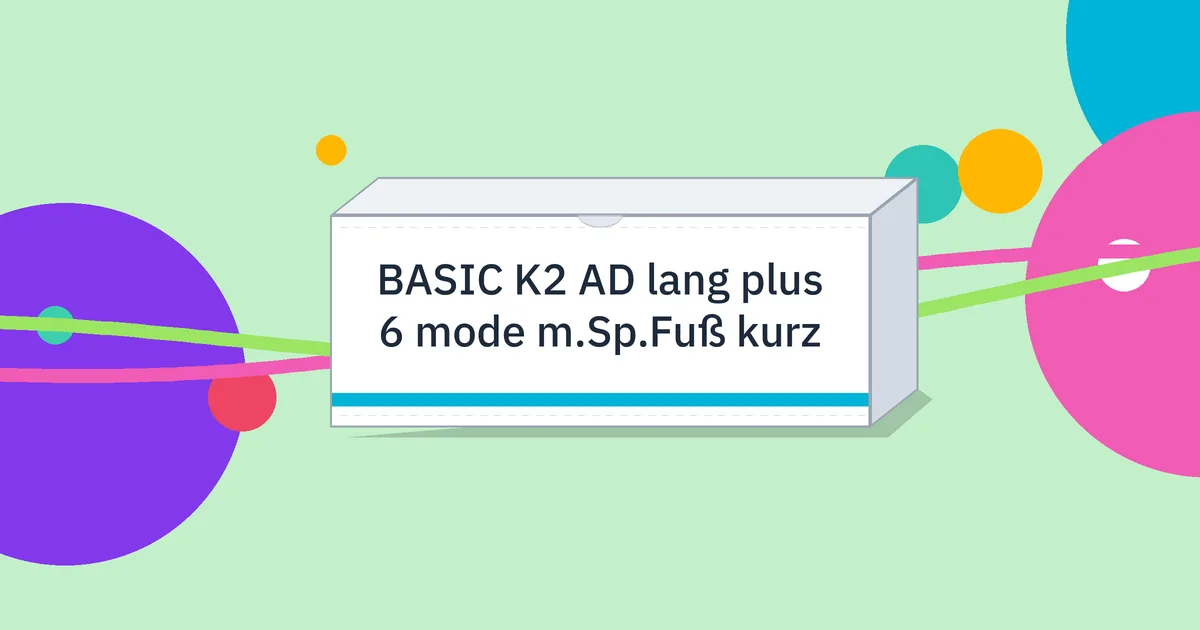 Symbolbild: Packung mit der Aufschrift BASIC K2 AD lang plus 6 mode m.Sp.Fuß kurz (PZN 20265947) – Verfügbarkeit und Bezug in Apotheken in Frankfurt am Main