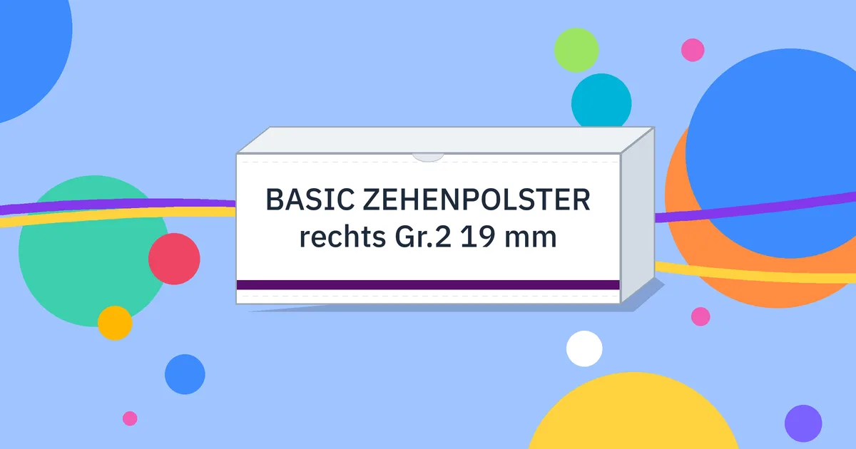 Symbolbild: Packung mit der Aufschrift BASIC ZEHENPOLSTER rechts Gr.2 19 mm (PZN 15380818) – Verfügbarkeit und Bezug in Apotheken in Frankfurt am Main