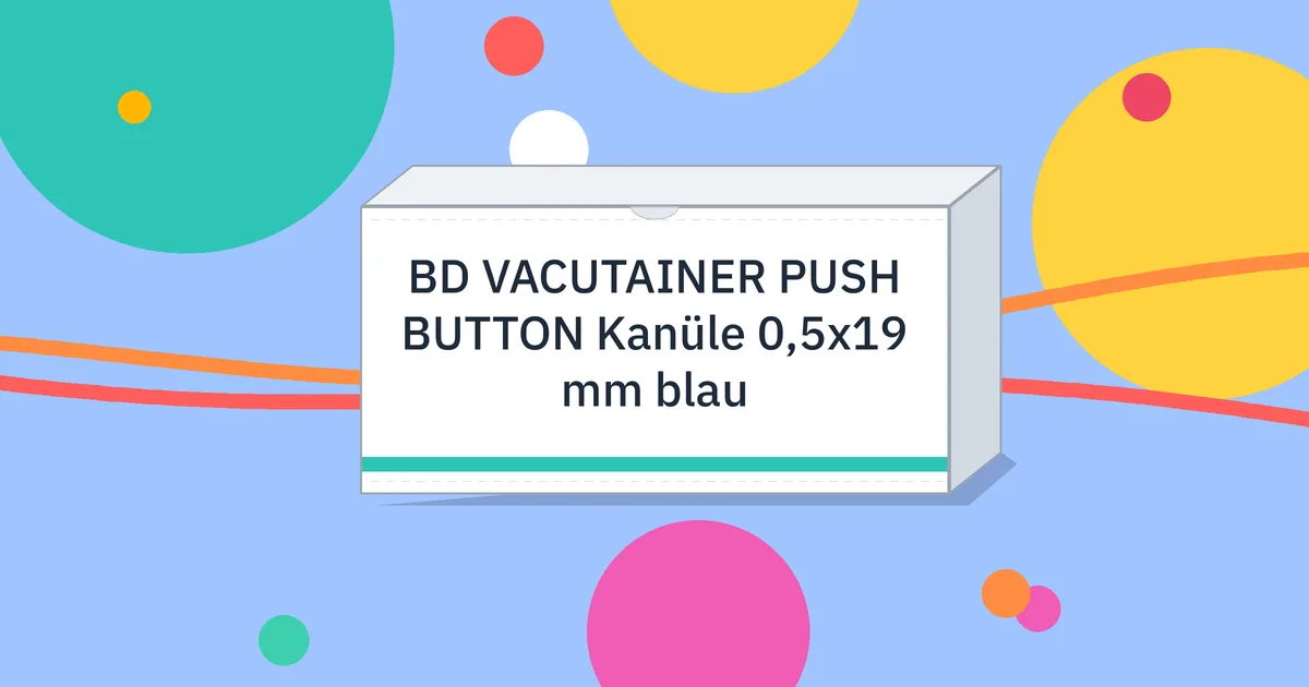 Symbolbild: Packung mit der Aufschrift BD VACUTAINER PUSH BUTTON Kanüle 0,5x19 mm blau (PZN 09527909) – Verfügbarkeit und Bezug in Apotheken in Frankfurt am Main