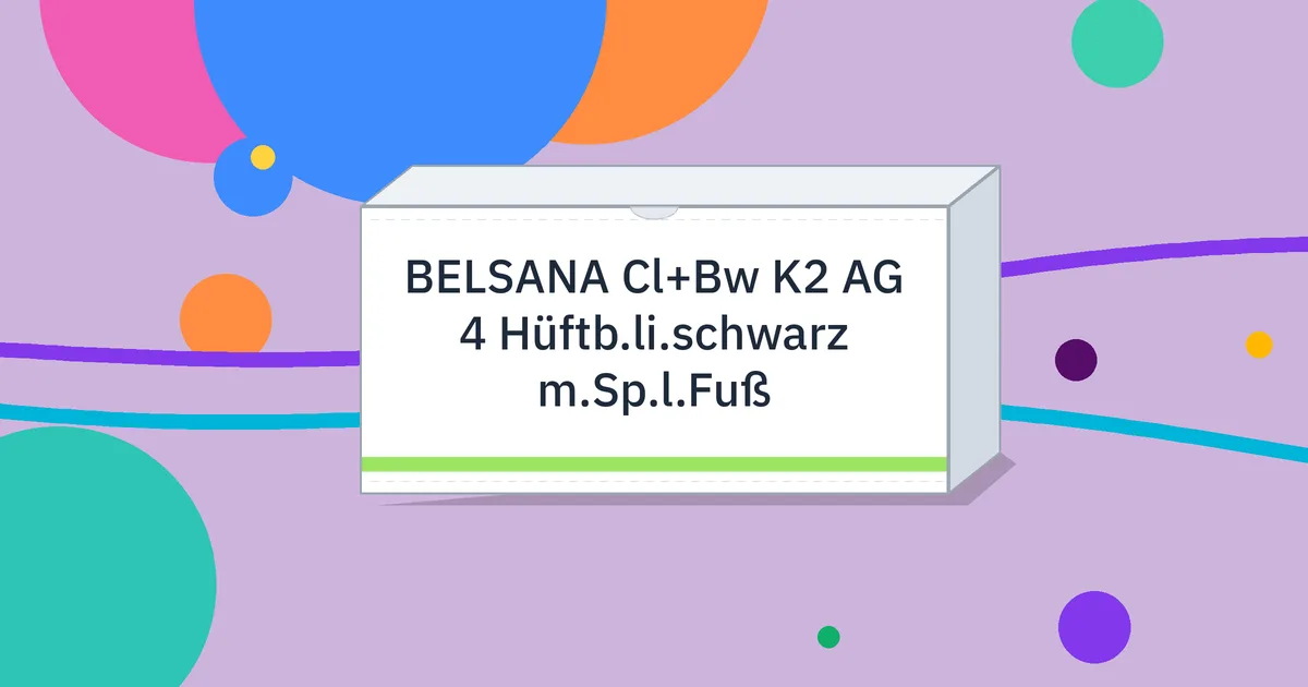 Symbolbild: Packung mit der Aufschrift BELSANA Cl+Bw K2 AG 4 Hüftb.li.schwarz m.Sp.l.Fuß (PZN 12254734) – Verfügbarkeit und Bezug in Apotheken in Frankfurt am Main