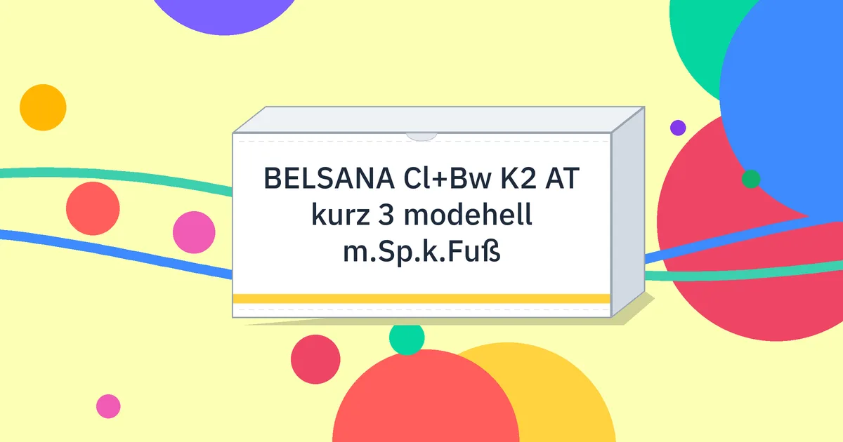 Symbolbild: Packung mit der Aufschrift BELSANA Cl+Bw K2 AT kurz 3 modehell m.Sp.k.Fuß (PZN 12249609) – Verfügbarkeit und Bezug in Apotheken in Frankfurt am Main